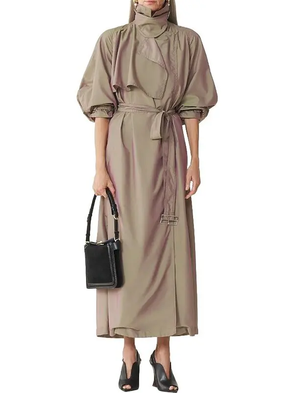 LANVIN Flowing Taffeta Trench Coat - Taupe With Iridescent Sheen.