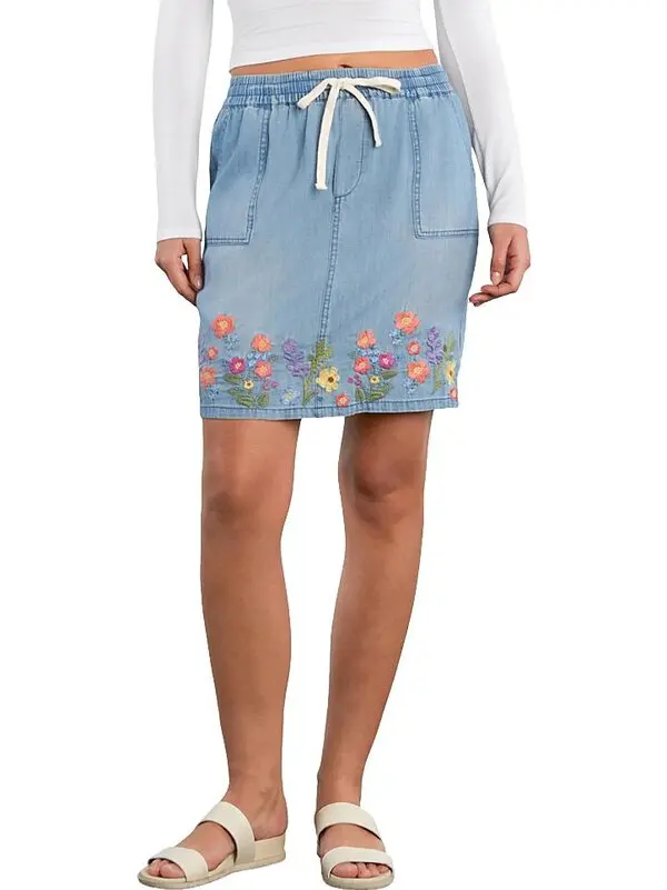 BILLY T Floral Chain Hem Denim Skirt - Pure Denim