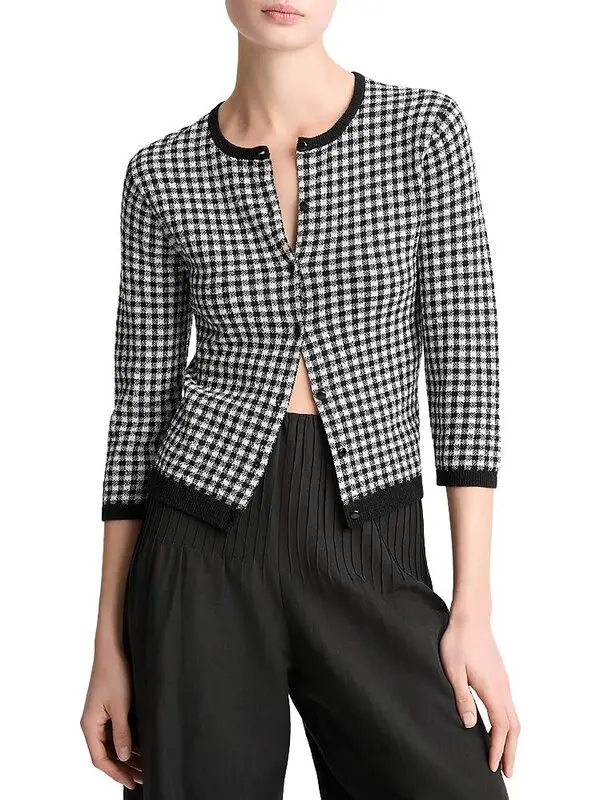Vince Gingham Three Quarter Sleeve Cardigan - Black/off White
