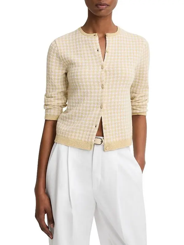 Vince Gingham Three Quarter Sleeve Cardigan - Off White/natural