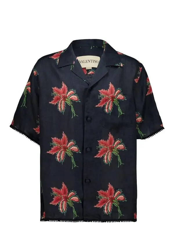 Valentino Garavani Linen Bowling Shirt With Red Papier Floral Print - Black
