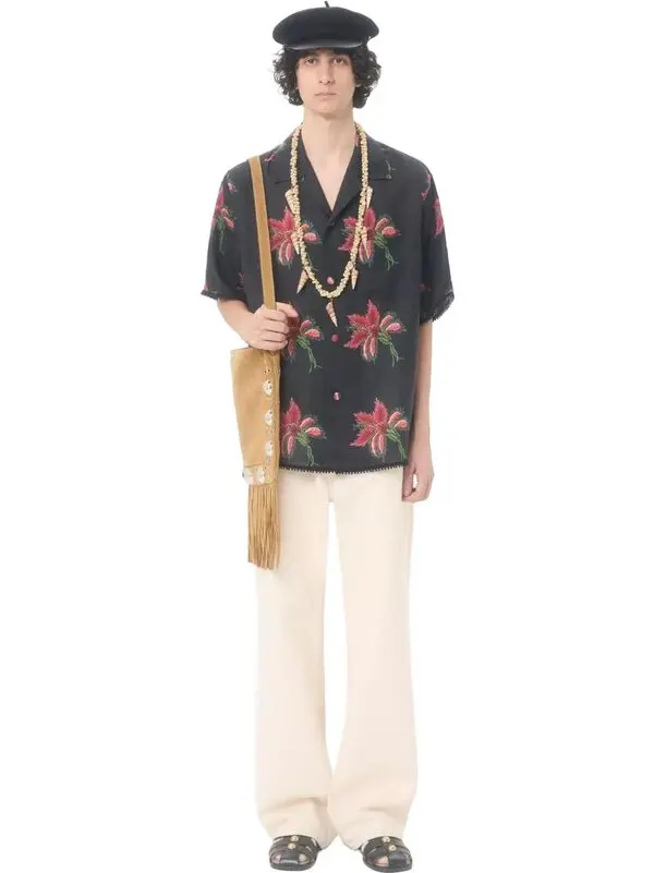 Valentino Garavani Linen Bowling Shirt With Red Papier Floral Print - Black