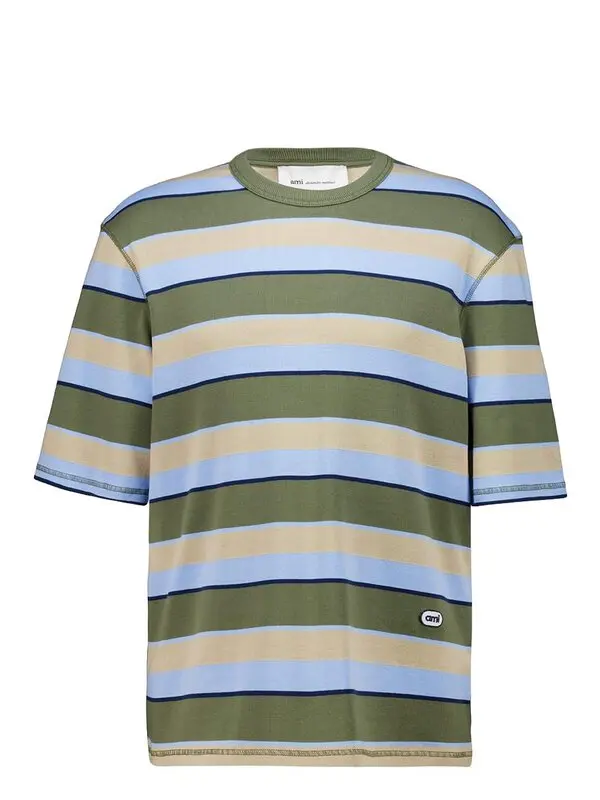 Ami Blue And Khaki Striped Cotton Oversize T-shirt - Multicolour