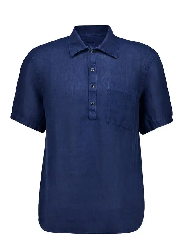 120% Lino Navy Linen Short-sleeve Regular Shirt - Blue
