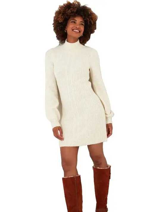 JOE BROWNS Ribbed Turtleneck Sweater Dress With Balloon Sleeves - Ivory