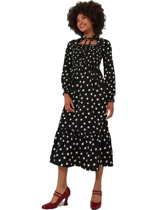 JOE BROWNS Long Sleeve Smocked Midi Dress - Scattered Dot