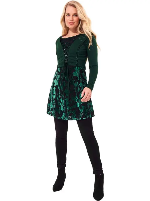 JOE BROWNS Burnout Velvet Shrug Tunic - Emerald Burnout Leaves