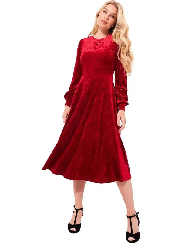 JOE BROWNS Crushed Velvet A-line Midi Dress - Bright Ruby
