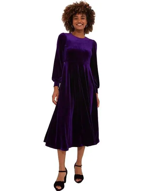 JOE BROWNS Velvet Crew Neck Midi Dress With Balloon Sleeves - Midnight Violet