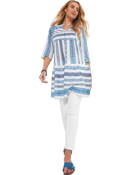 JOE BROWNS Ruffle Hem Striped Cotton Tunic - Blue Stripe