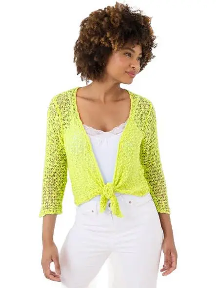 JOE BROWNS Popcorn Knit Tie Front Shrug - Lemon Lime