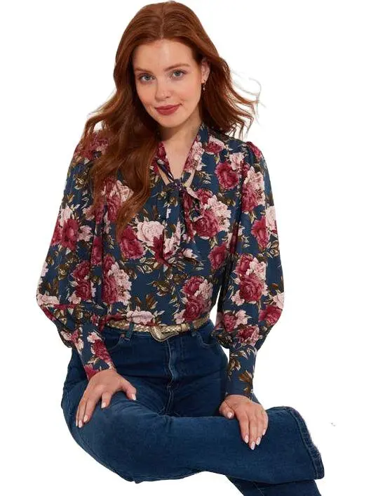 JOE BROWNS Tie Neck Balloon Sleeve Blouse - Cabbage Floral