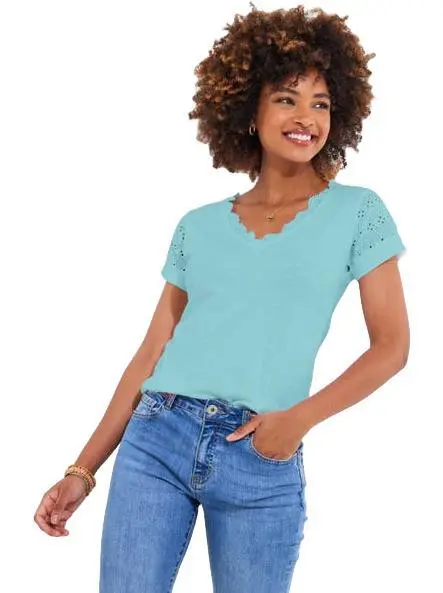 JOE BROWNS Eyelet V-neck Tee - Light Aqua