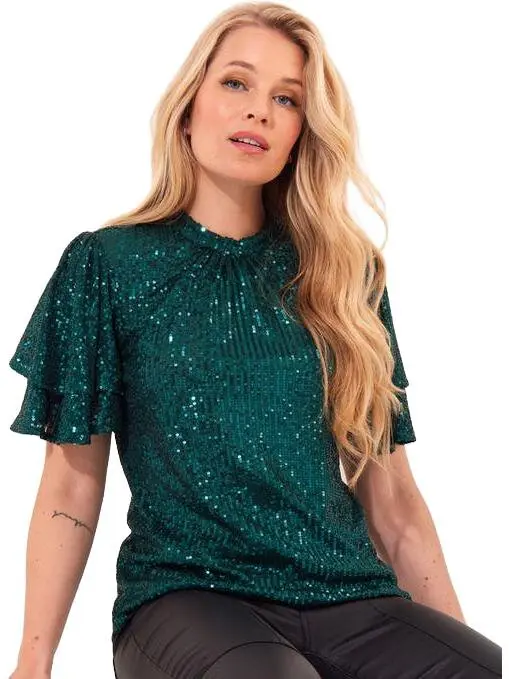 JOE BROWNS Sequin Top With Flutter Sleeves - Emerald Sequin