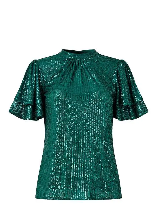 JOE BROWNS Sequin Flutter Sleeve Top - Emerald Sequin
