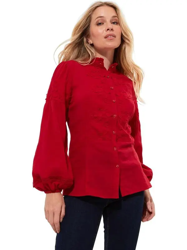 JOE BROWNS Long Balloon Sleeve Embroidered Blouse - Classic Red