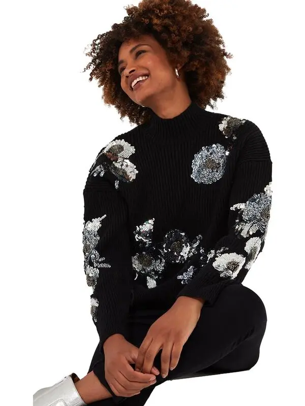 JOE BROWNS Mockneck Floral Applique Shimmer Sweater - Silver Sequin Floral