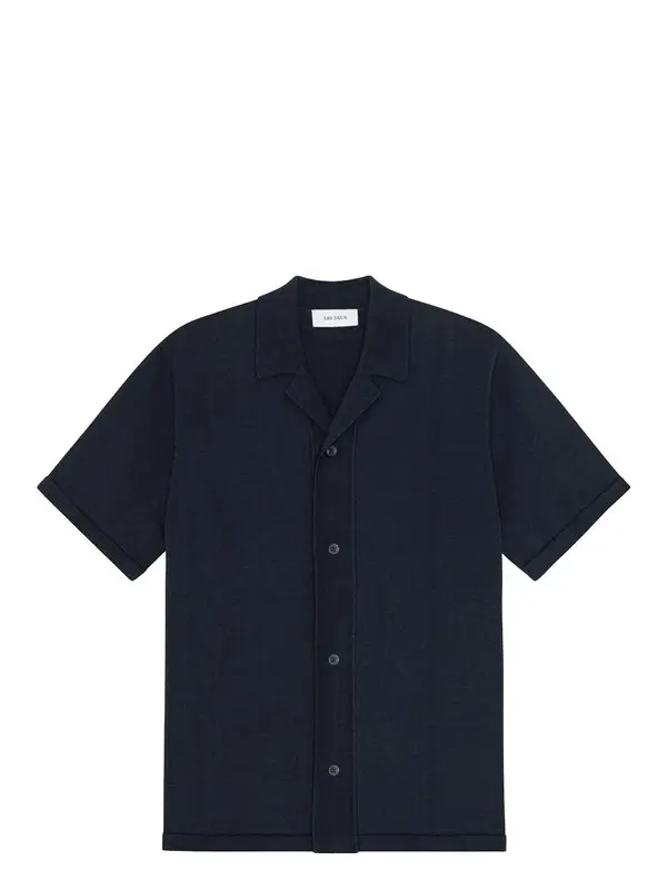 LES DEUX Emmett Arabesque Knit Cotton Camp Shirt - Dark Navy