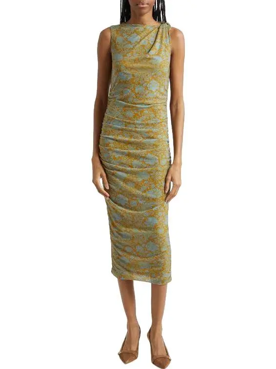 Veronica Beard Otessa Floral Print Midi Dress - Dark Goldenrod Blue Jay