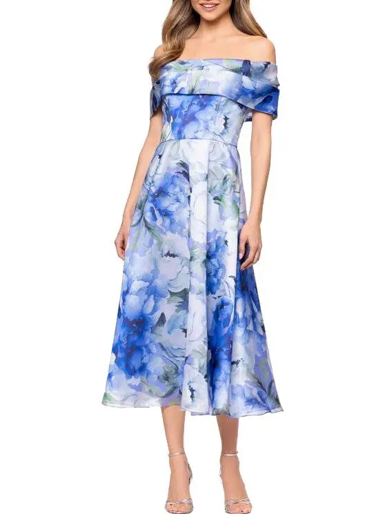 Betsy & Adam Floral Print Organza Off-the-shoulder Party Dress - Blue/multi