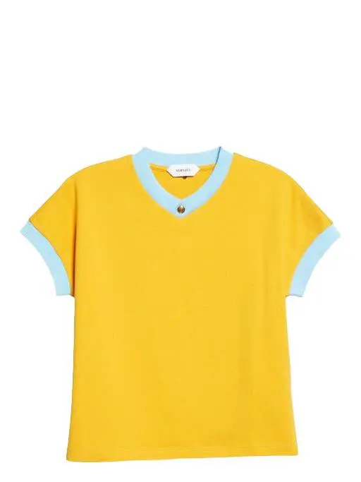 Versace Cotton Ringer V-neck T-shirt - Yellow Azure Blue