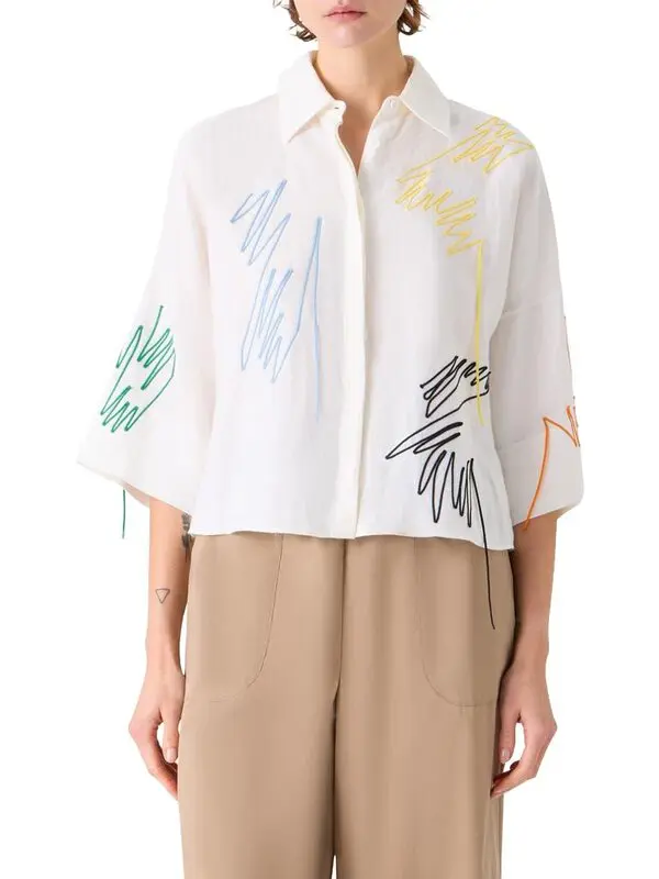 Akris Scribble Embroidered Linen Shirt - Cream-multi