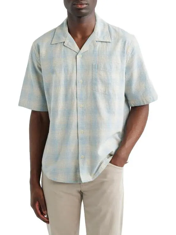 CORRIDOR Plaid Short Sleeve Cotton & Linen Camp Shirt - Light Blue