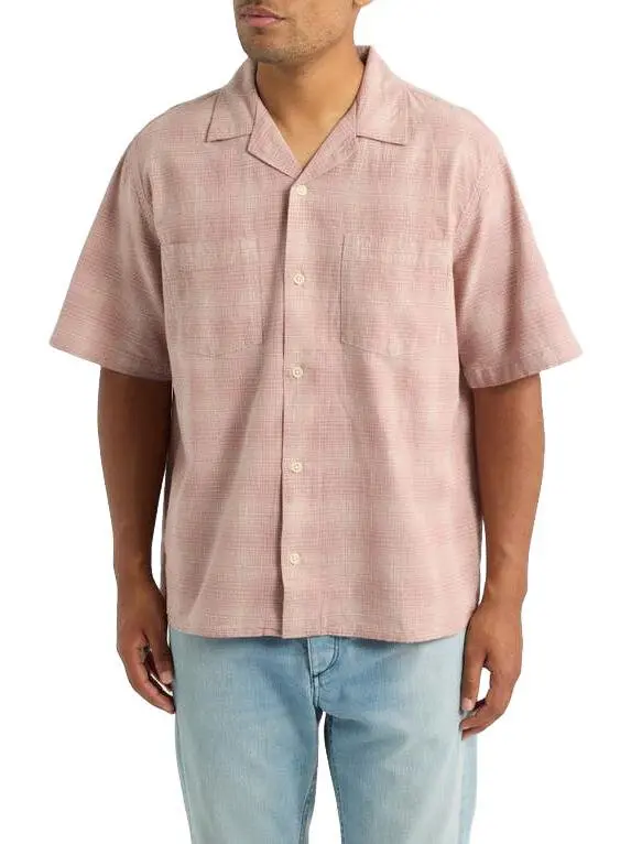 CORRIDOR Plaid Short Sleeve Cotton & Linen Camp Shirt - Pnk