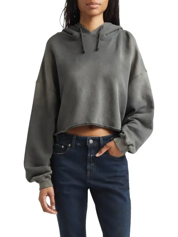 GOLDEN GOOSE Star Distressed Oversize Cotton Crop Hoodie - Charcoal