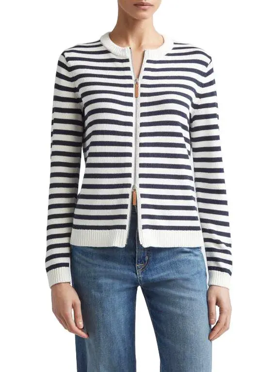 Lafayette 148 New York Stripe Cotton & Silk Zip Cardigan - Cloud/ink