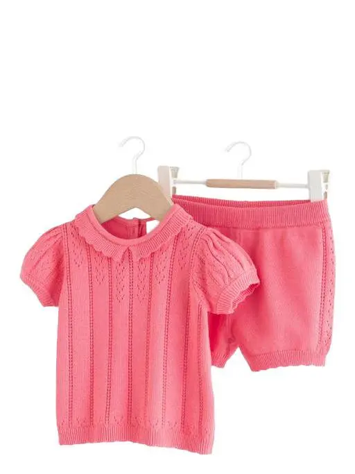 NEXT Cotton Pointelle Sweater & Shorts Set - Pink