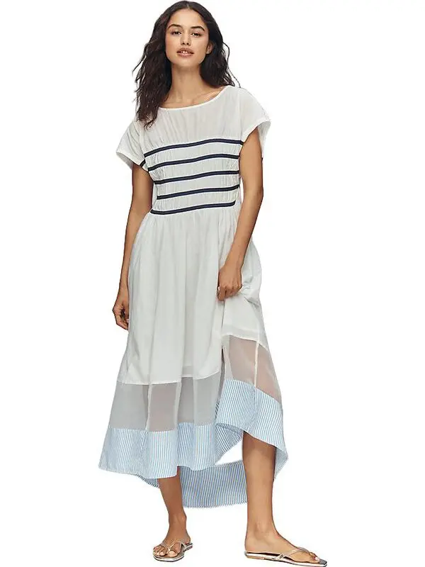 Maeve Smocked Short-sleeve Sheer Hem Midi Dress - White