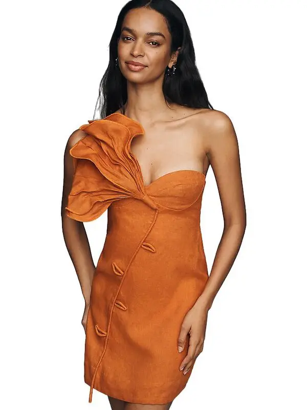 Farm Rio Sculptural One-shoulder Linen Mini Dress - Orange