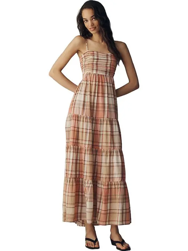 Maeve Strapless Plaid Maxi Dress - Pink/brown Plaid