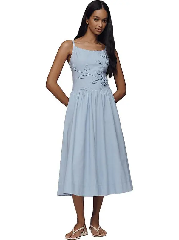 Moon River Floral Sleeveless Midi Dress - Pale Blue