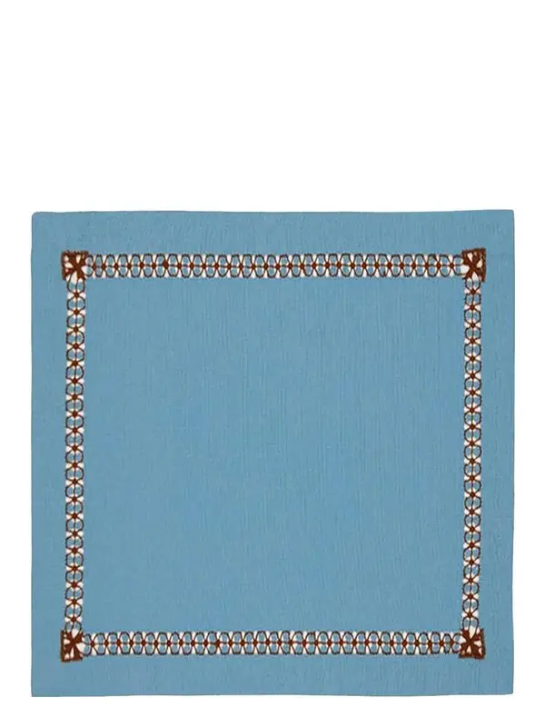 HOUSE OF CAPRICORN Hand-embroidered Maria Turquoise Linen With Brown Embroidery Napkin - Blue