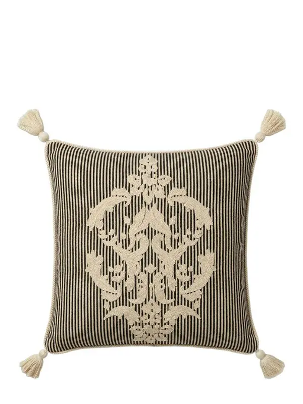 HOUSE OF CAPRICORN Bourbon Striped Cotton Embroidered Cushion - Black
