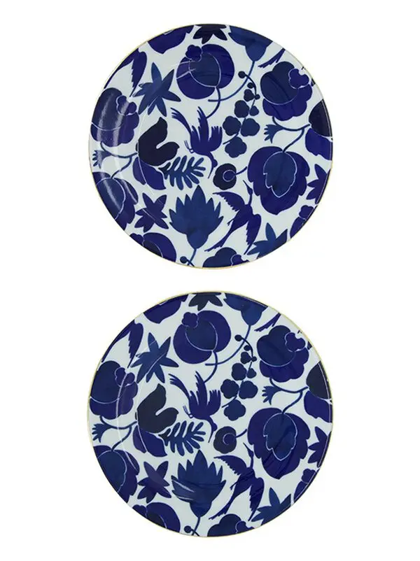 La DoubleJ Wildbird And Bianco Porcelain Dessert Plate Set Of 2 - Blue