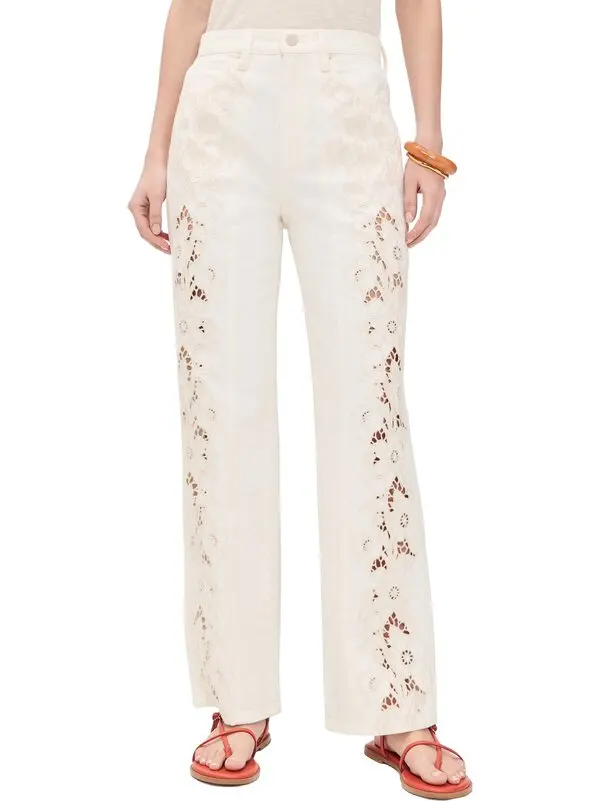 Paige Sawyer Wide-leg Jeans - Tonal Ecru Embroidered