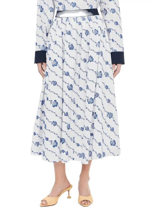 Rosie Assoulin Embroidered Floral Poplin Skirt - Blue/white