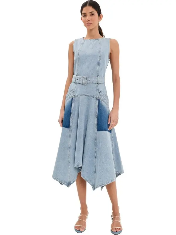 3.1 Phillip Lim Ghost Patch Sleeveless Belted Denim Dress - Light Blue