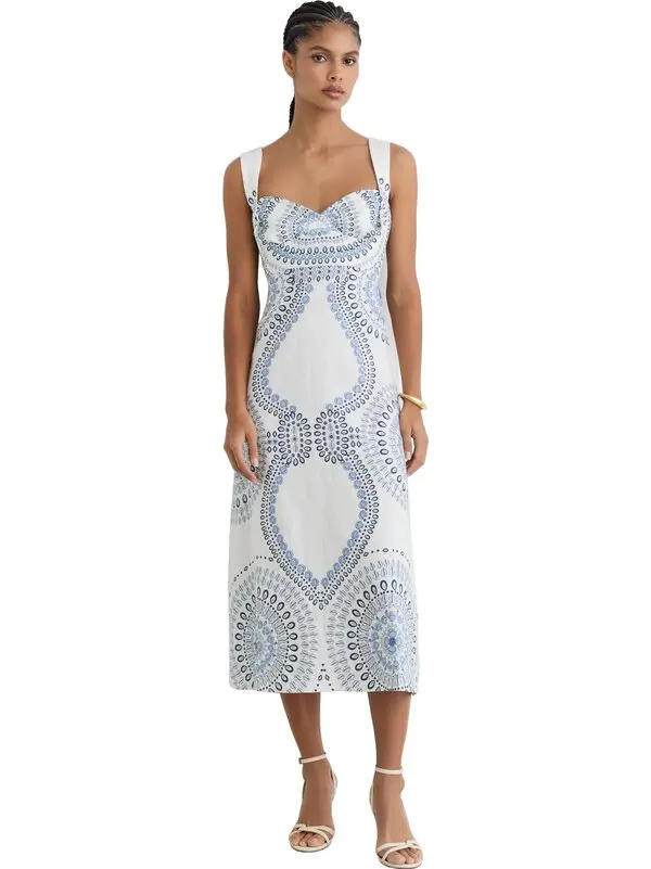 REISS Addison Linen Floral-print Midi Dress - Ivory/blue