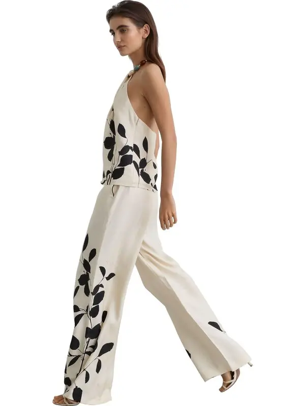 REISS Jacquard Printed Wide-leg Trousers - Ivory/black