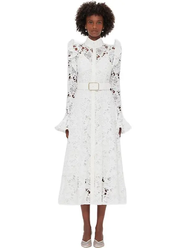 LEO LIN Aliyah Lace Butterfly Sleeve Midi Dress - Snow