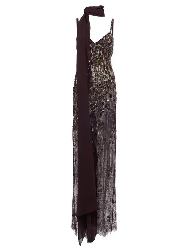 Elie Saab Beaded Silk-blend Maxi Dress - Brown