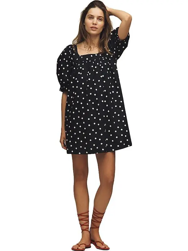 Maeve Cotton Puff-sleeve Mini Dress - Black Dot