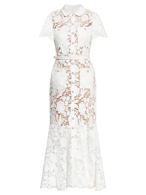 SELF-PORTRAIT Lace Midi Dress With Belt - White