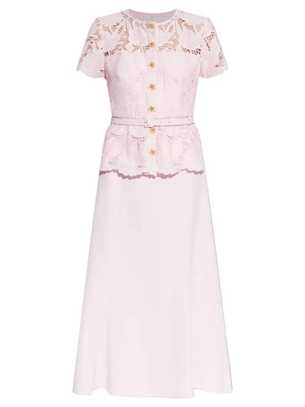 SELF-PORTRAIT Lace Midi Dress With Belt - Pink