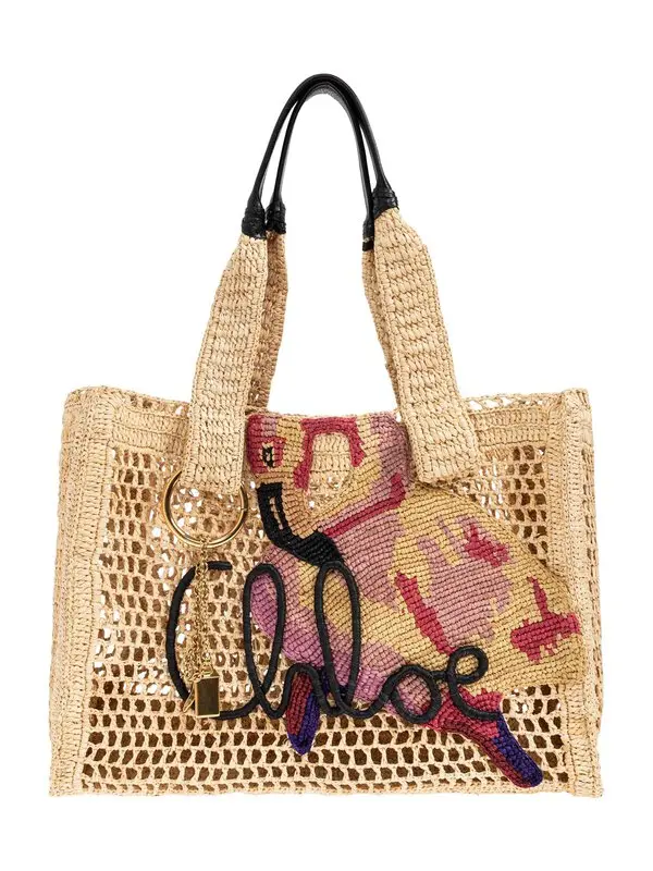Chloé East West Raffia Shopper Bag - Beige