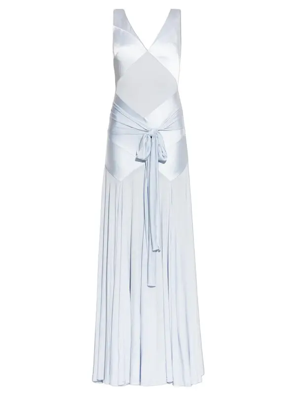 SELF-PORTRAIT Satin Maxi Dress With Tie - Light Blue